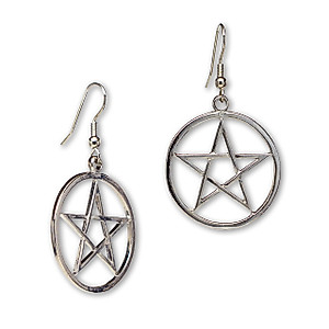 Pagan Wiccan Pentagram Pentacle Silver Finish Dangle Earrings
