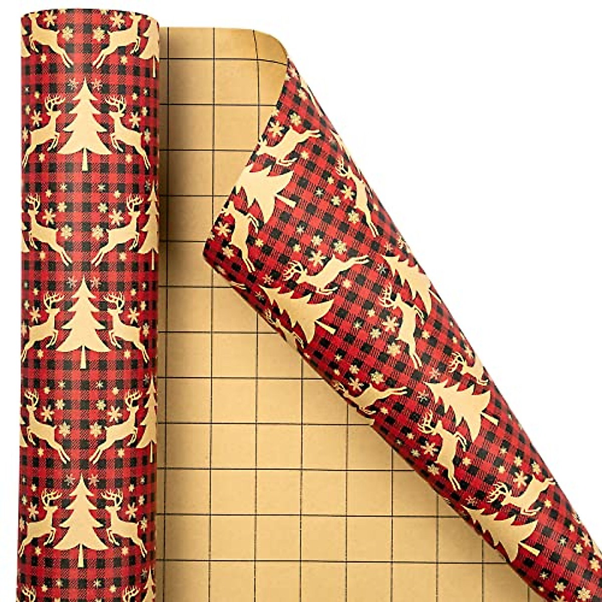 RUSPEPA Christmas Wrapping Paper,Kraft Paper - Red and Black Plaid Reindeer Design - 24 Inches x 100 Feet