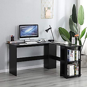 SogesHome Corner Desk L Shaped with Shelf Desk 51.2 x 51.2 inches Large Size Wood Computer Desk Home Office Desk L Desk, Black
