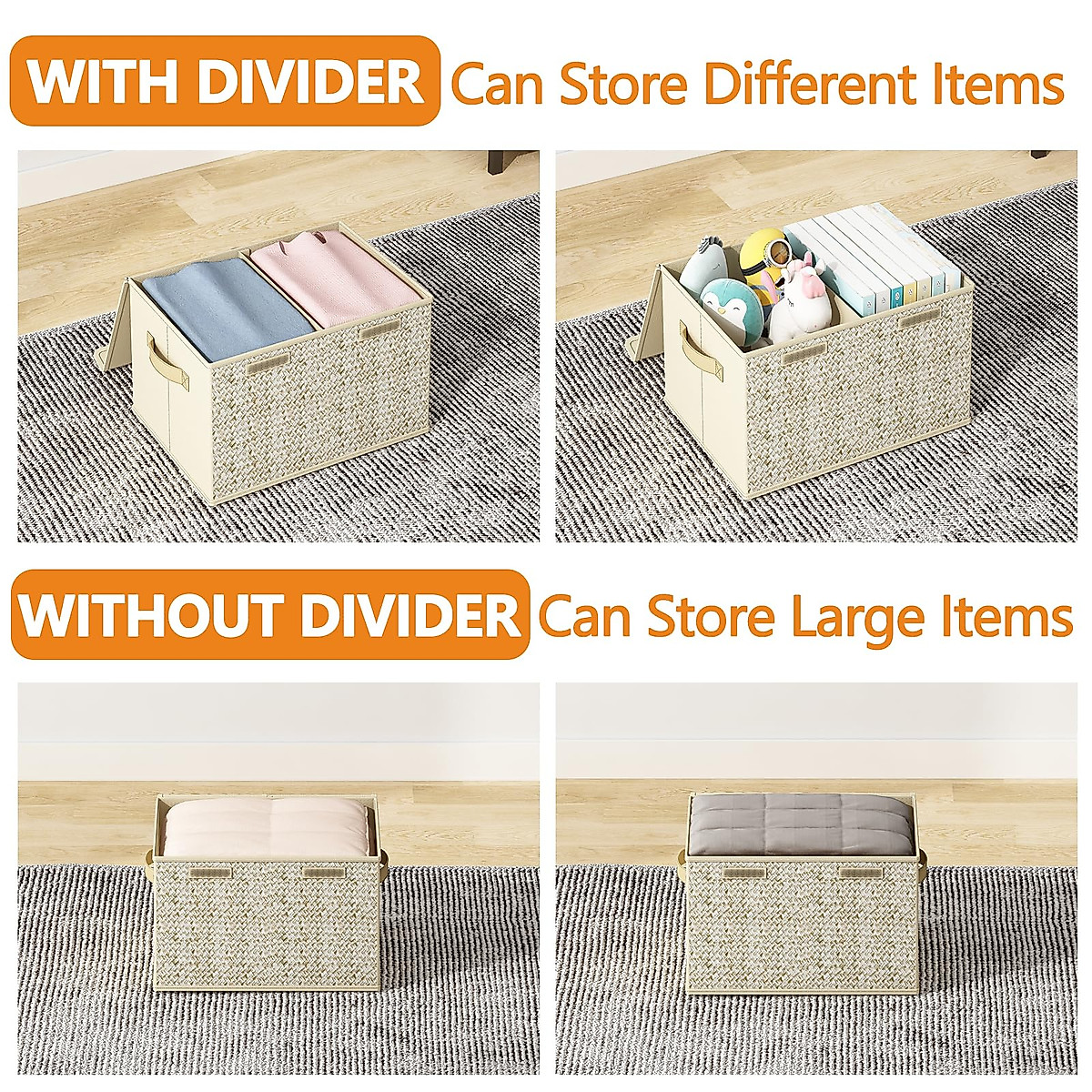 Wisdom Star 4 Pack Large Storage Bins with Double Lids & Handles, Collapsible Fabric Storage Cube Bin Basket with Removable Divider, Foldable Closet Organizer Clothing Shelf Basket, Beige