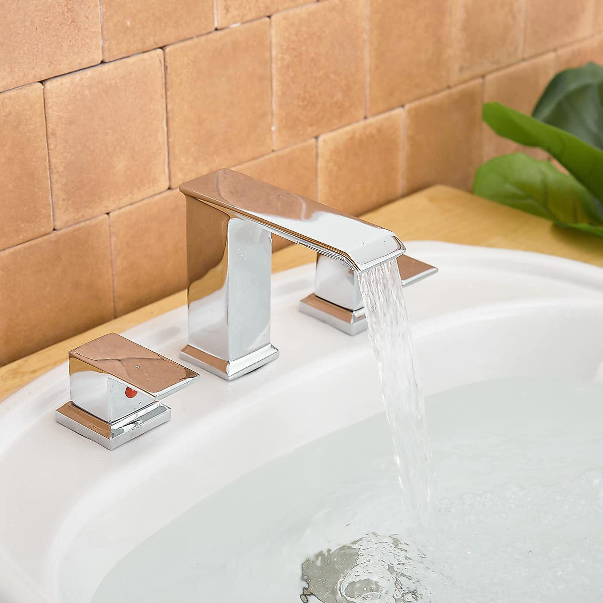 BWE Waterfall Widespread Bathroom Faucet Chrome 3 Holes with Pop Up Drain Stopper with Overflow and Supply Line Lead-Free 2-Handle Bath Lavatory Vanity Sink Mixer Tap Square