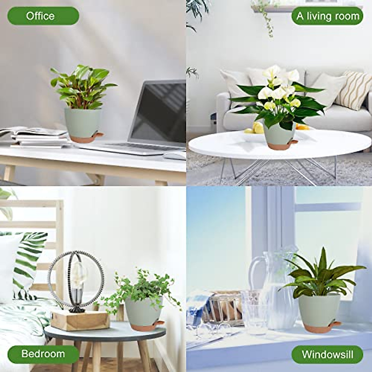 Vanslogreen Plant Pots Indoor 7/6.5/6/5.5/5 Inch Self Watering Planters for Indoor Plants with Drainage Hole, Plastic Flower Pot for Succulents, African Violet (Green)