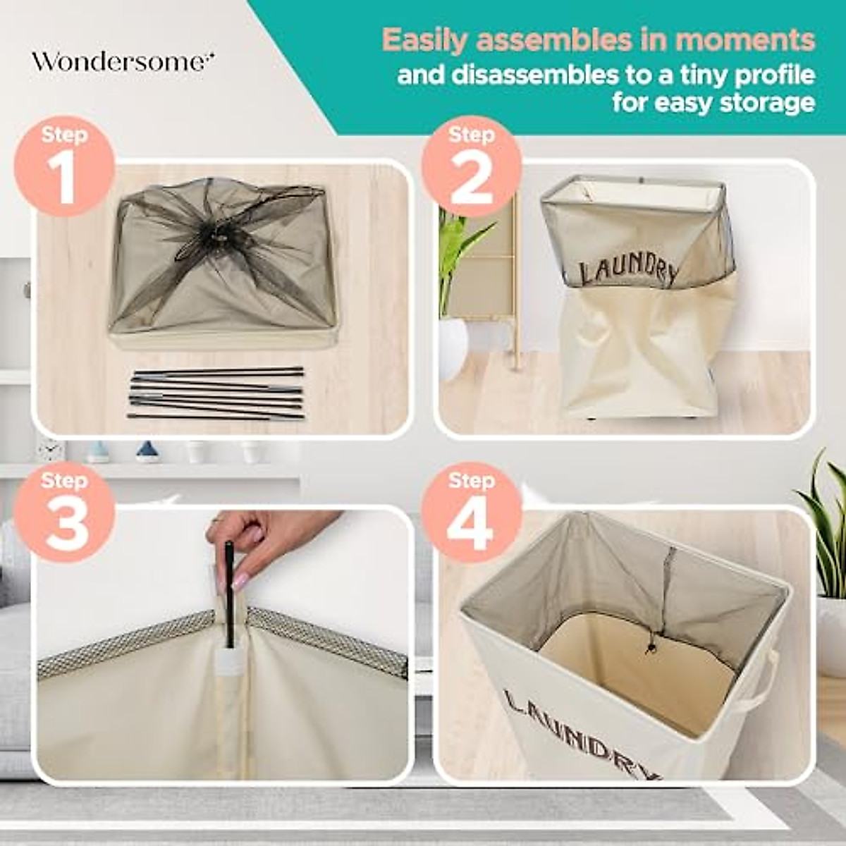 Wondersome Laundry Hamper with Wheels - Farmhouse Cream - 90-Liter Extra Large Collapsible Rolling Clothes Cart - Heavy Duty Locking Metal Wheel Tall Rectangular Canvas Storage Basket - US-Based Brand