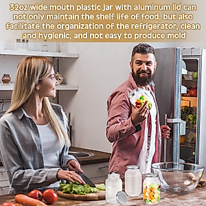 Dandat 12 Pcs 32 oz Clear Plastic Jars with Metal Lids 1 Quart Size Wide Mouth Candy Storage Food Containers for Home Meal Preparation, Salad, Fermenting, Valentine DIY Decoration Favors