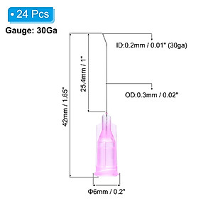PATIKIL 30Ga x 1 Inch Dispensing Needle Tips, 24Pcs Stainless Steel 45 Degrees Pre Bent Glue Needle Tube Blunt Tips with Luer Lock for Glue Oil Applicator, Purple