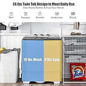 COSTWAY Portable Washing Machine, Twin Tub 26lbs Capacity Laundry Washer, 18lbs Washer and 8lbs Spinner Combo with Timer Knobs, Built-in Drain Pump, Compact Washer for Home Dorm Apartment (Grey+White)