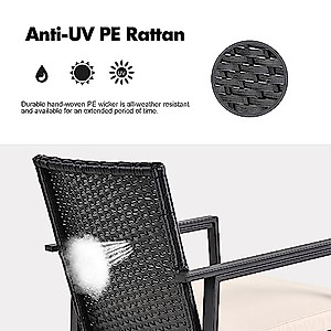 SUNLEI Outdoor 3-Piece Bistro Set Black Wicker Furniture-Two Chairs with Glass Coffee Table (Beige)