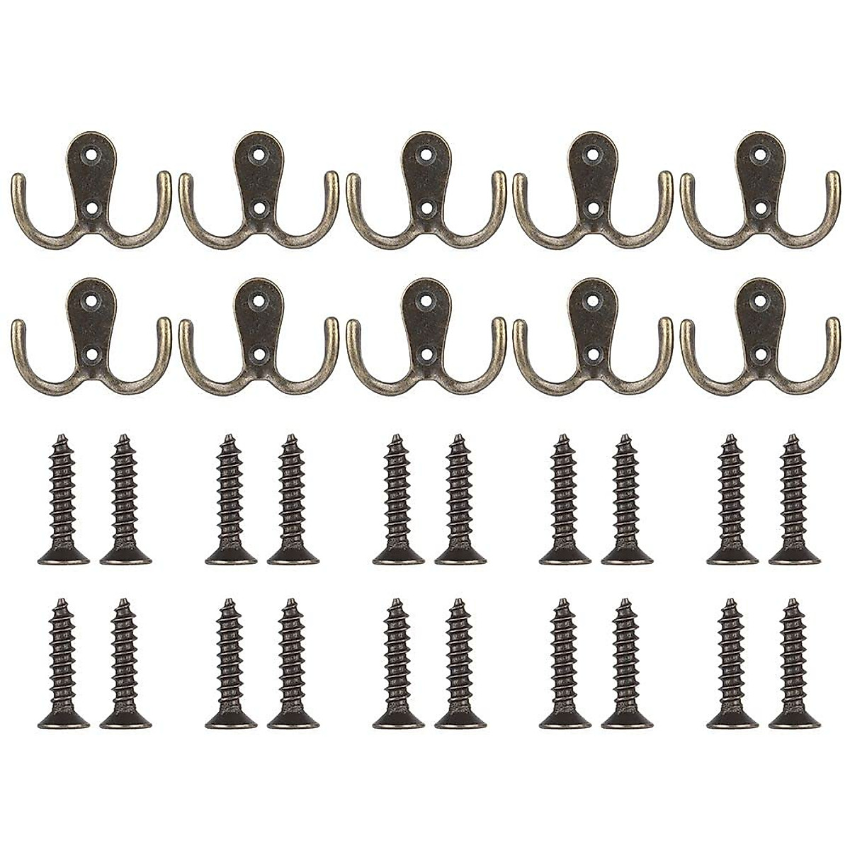 10pcs Metal Antique Hooks Double Prong Wall Door Coat Hanger Retro Key Holder Hat Bag Clothes Towel Organizer Shelf Storage(2.16inch,Bronze Tone)