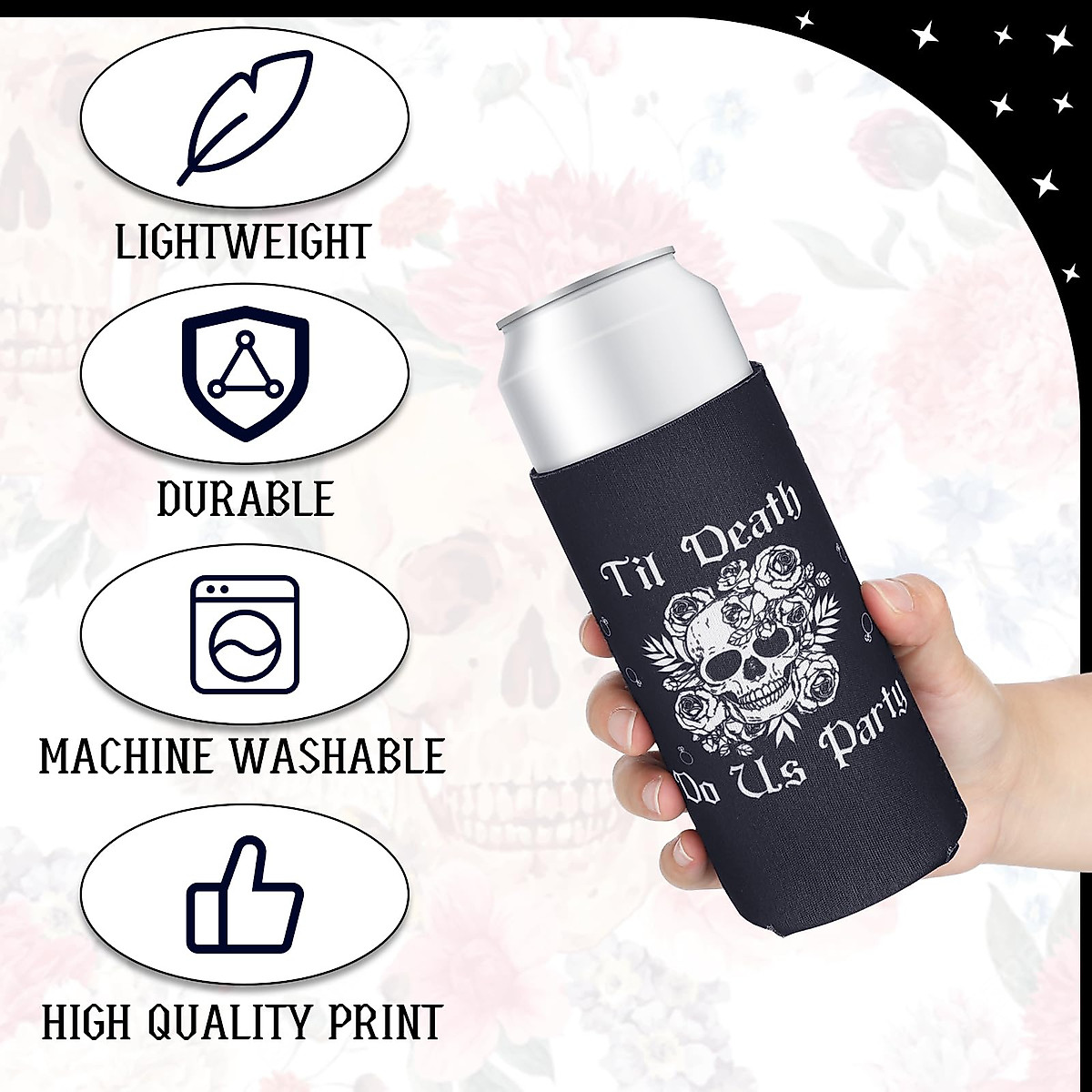 Dandat 12 Pcs Bride or Die Bachelorette Party Can Sleeves Till Death Beverage Sleeves Neoprene Drink Cans Covers Bride or Die Bachelorette Party Decorations Gothic Skeleton(White, Black)