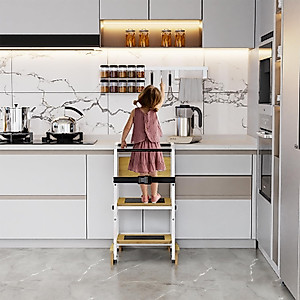 YAKANJ Toddler Standing Tower,Toddler Kitchen Stool Helper,Step Stool for Toddler Kids,Wooden Standing Tower with Adjustable Height,Anti-Slip Protection,Safety Belt-Wood