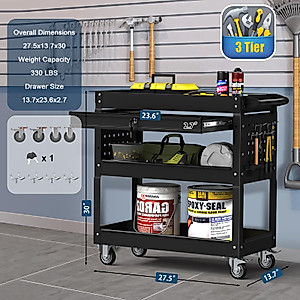 Tooremine 3 Tier Rolling Tool Cart, 330 lb Capacity Utility Cart, Metal Service Tool Cart with Drawer and Lock, Tool Storage Cart for Garage Warehouse Workshop Repair Shop (Black)
