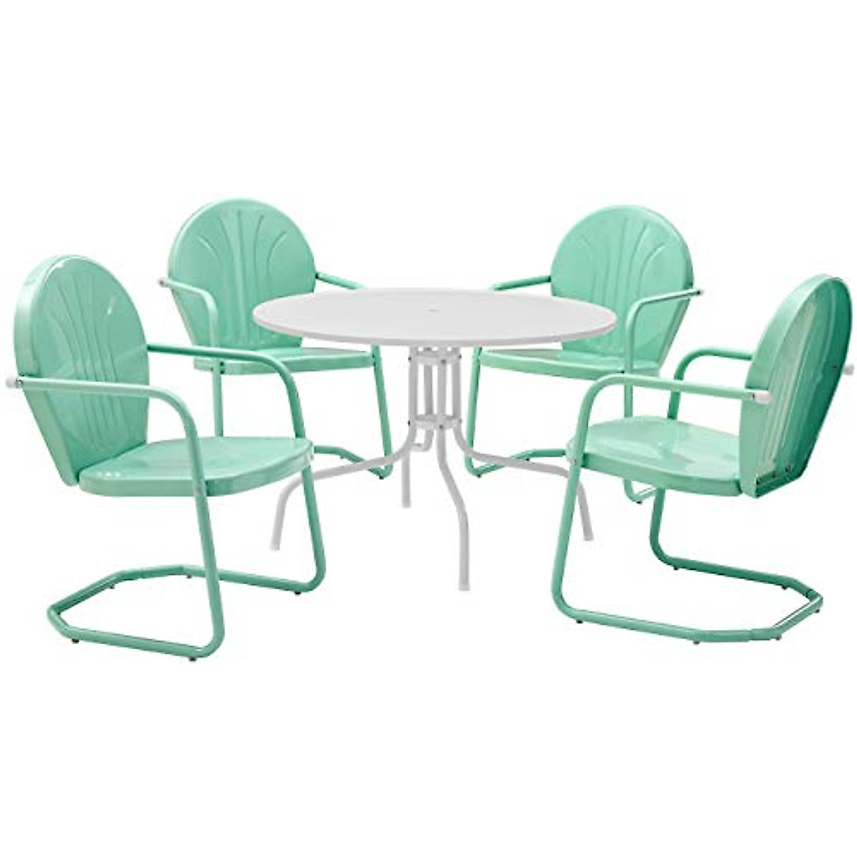 Crosley Furniture KOD10010AQ Griffith Retro Metal Outdoor 5-Piece Dining Set with 39" Table and 4 Chairs, White and Aqua