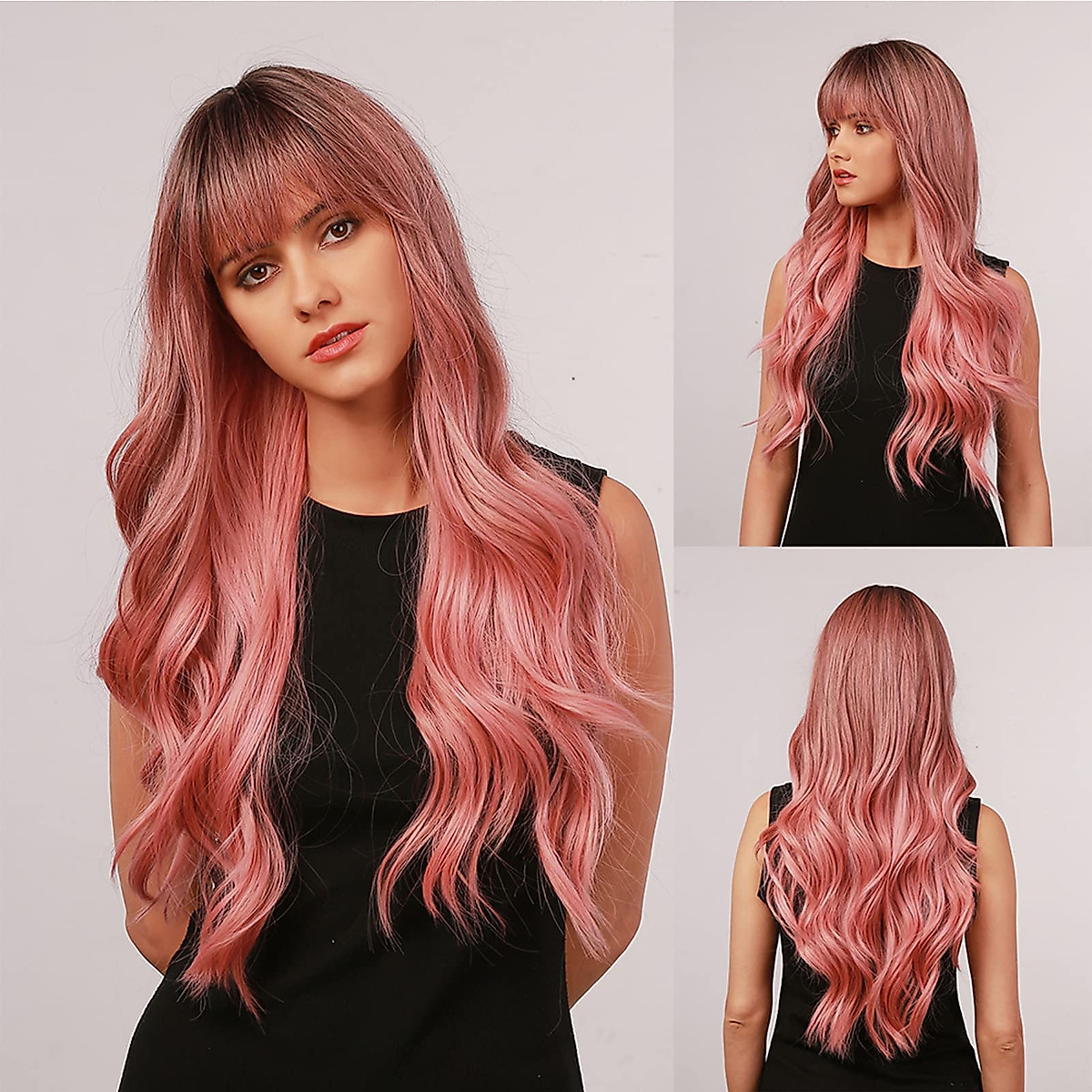 Clearance Ombre Pink Wig with Bangs 26 Inch 65cm Long Wavy Synthetic Wig Ombre Dark Root To Pink Colored Wigs for Women Heat Resistant Wigs for Daily Cosplay Party Wear Natural Looking Wig