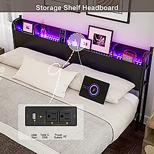 IKIFLY California King Bed Frame with Storage Shelf Headboard & Charging Station - Industrial Metal and Wood Cal King Platform Bed with LED Lights, No Noise, No Box Spring Needed - Black