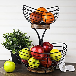 Modern Farmhouse 2 Tier Fruit Basket for Kitchen Counter, Vintage Wire and Wooden Base Fruit Bowl/Stand for Kitchen countertop Decor - Double Tree Fruit & Vegetables Basket