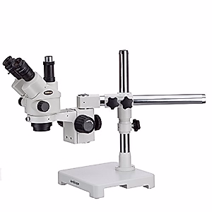 AmScope 3.5X-45X Simul-Focal Stereo Zoom Microscope on Single Arm Boom Stand with 144-LED Ring Light and 1.3MP Camera