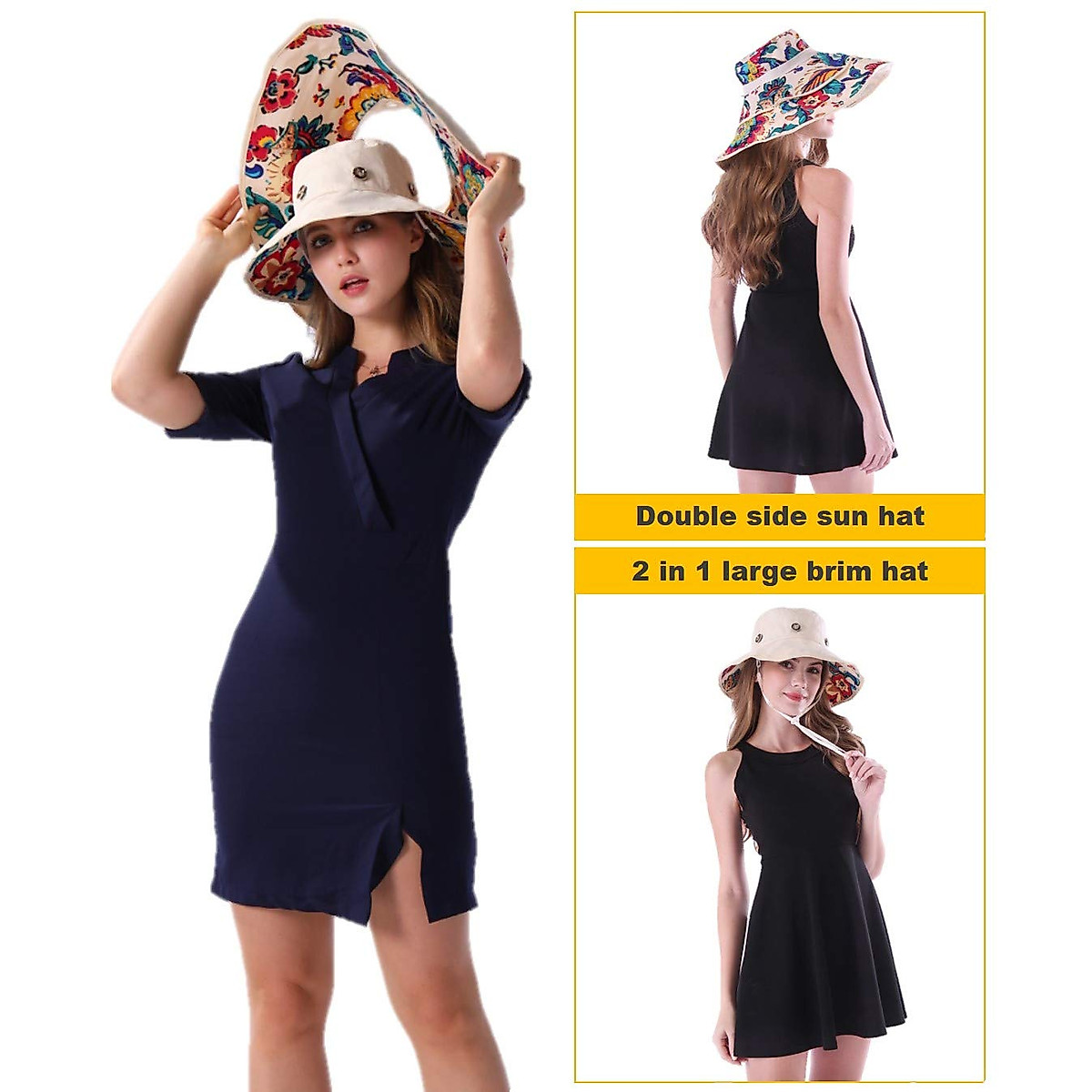 Packable Extra Large Brim Floppy Sun Hat Reversible UPF 50+ Beach Sun Bucket Hat Beige