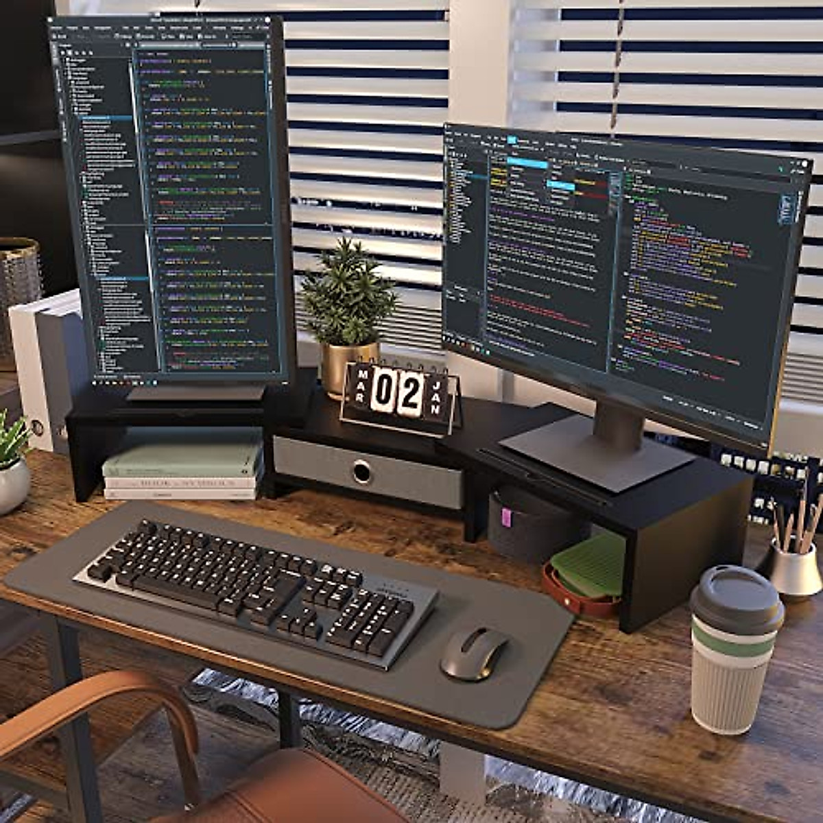 ORLALAR Dual Computer Monitor Stand with Drawer, Office Supplies Desktop Organizer Stand 3 Shelf Monitor Riser with Adjustable Length and Angle, Home Office Desk Accessories, Black