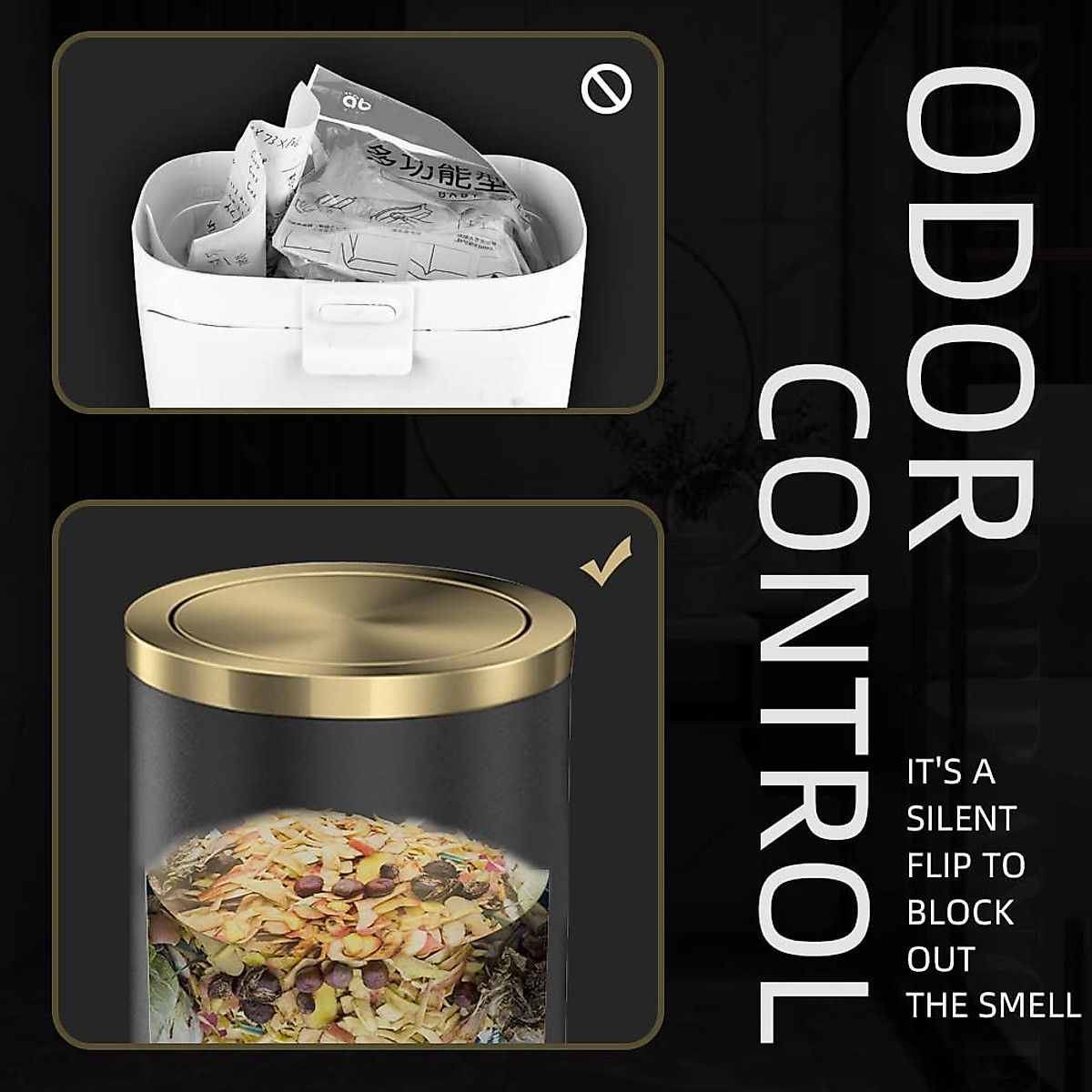 LEASYLIFE Bathroom Garbage can with lid, Trash Can with Flipping Lid, 4gallon,Garbage cans for Kitchen，Living Room. Metallic Gold (Black)