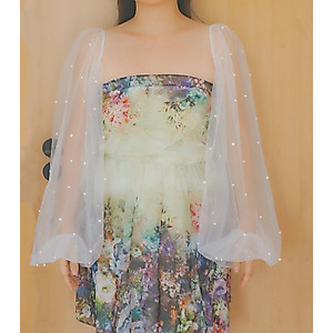 Detachable Sleeves for Wedding Dresses Pearl Tulle Illusion Removable Bridal Accessory (Ivory 04)