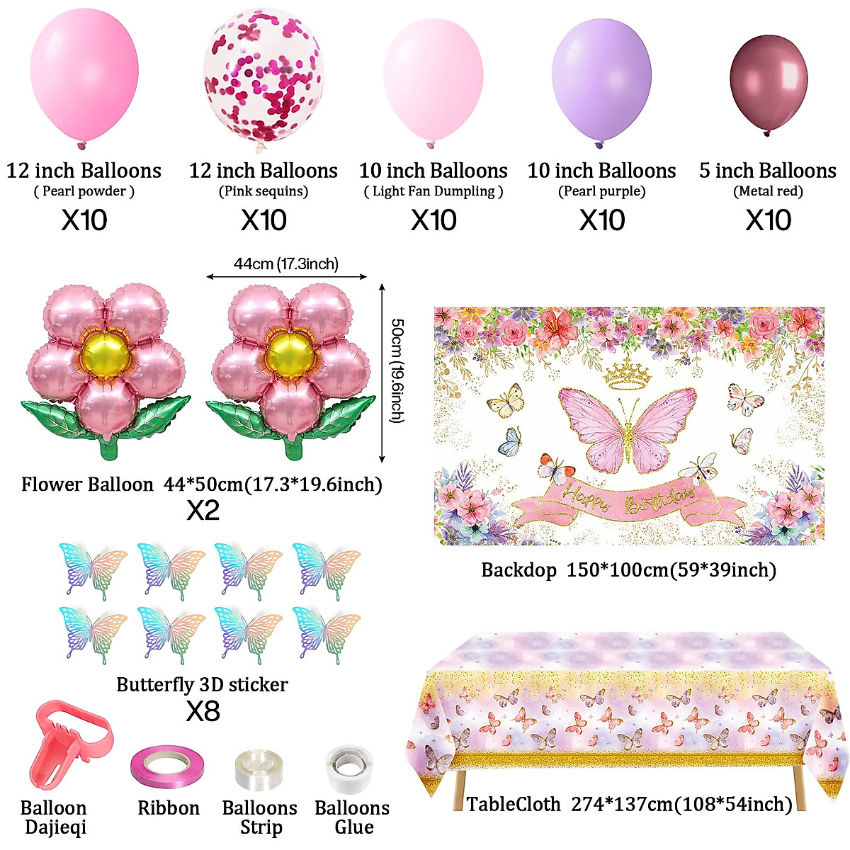 Butterfly Theme Party Decorations, Butterfly Birthday Decorations with Pink Purple Balloon Arch Kit Butterfly Photography Backdrop Banner and Tablecloth for Girls Women Birthday Party Decor