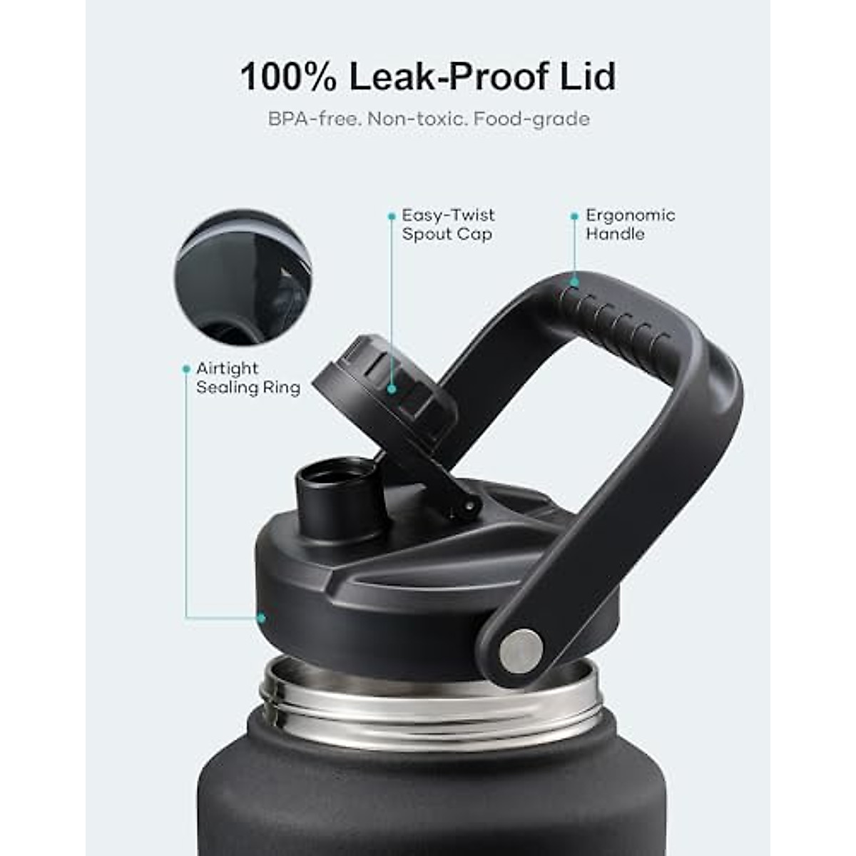 BUZIO One Gallon Water Bottle Insulated, 128oz Stainless Steel Water Bottle, 18/8 Food-Grade Beer Growler with Carrying Pouch and Two Stainless Steel Cups, Hot Cold Thermo Canteen Mug, Black