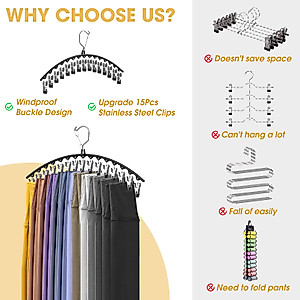 Upgrade Skirt Pants Hangers with Clips, Legging Organizer for Closet Hanging with 15 Cilps Holds 30 Leggings/Shorts/Jeans/Skirts Pants Hangers Space Saving Closet Organizers and Storage, Black 2Pack