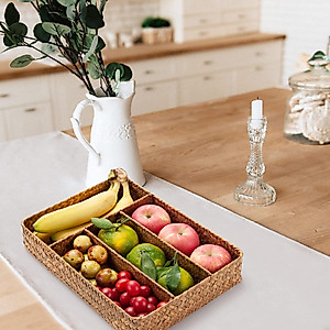 Seagrass Storage Basket with Compartments Utensil Tray for Organization Silverware Flatware Rectangular Shelf Baskets with 4 Sections