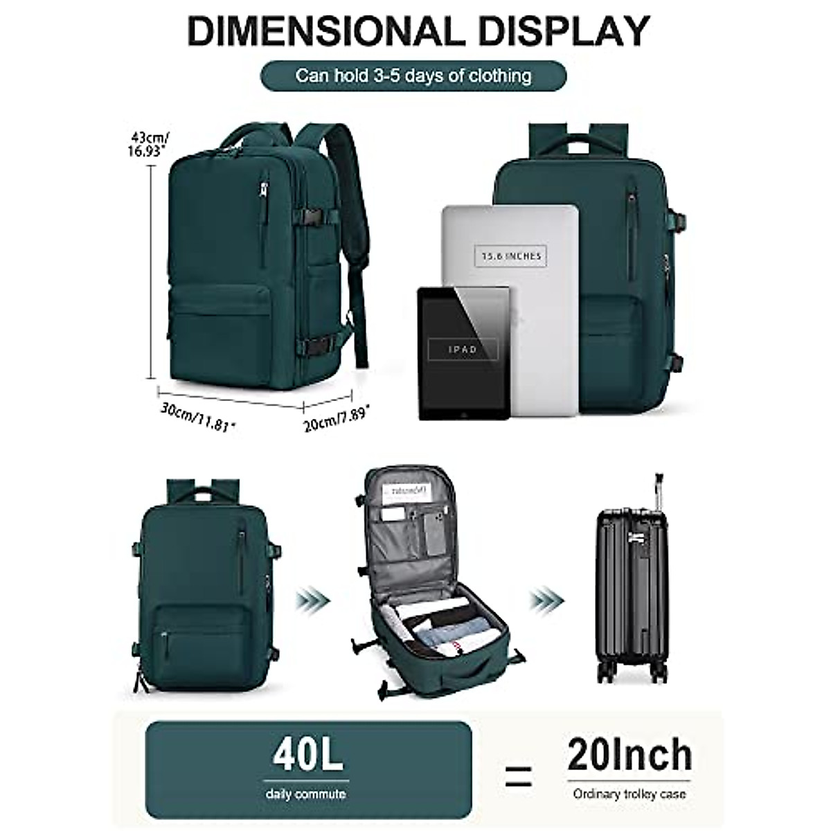 winspansy Carry on Backpack,Travel Backpack for Women Men Airline Approved Personal Item Size Hiking Gym Backpack Weekender Casual Daypack Backpack Waterproof Bag with Shoe Compartment, Peacock Blue