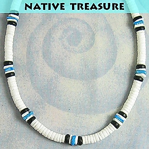 Native Treasure 15 inch Little Kid's White Clam Heishe Puka Shell Necklace Blue Chip 2 Black Coco Surfer Beach Necklace - 8mm (5/16")