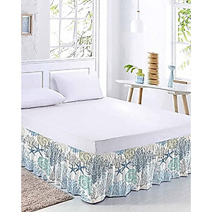 Coral Shell Starfish Bed Skirt Queen Size 18 Inch Drop, Adjustable & Elastic Wrap Around Bed Skirts Pleated Luxury Dust Ruffles for Twin Full Queen Cal King Base Bed, Summer Beach Ocean Sea Blue