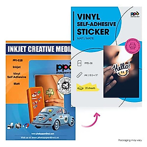 PPD 20 Sheets Inkjet Creative Media Matte Self Adhesive Vinyl Sticker Paper 8.5x11 PREMIUM Commercial Grade 4.7mil Thick Full Sheet Photo Quality Instant Dry Scratch and Tear Resistant (PPD-38-20)