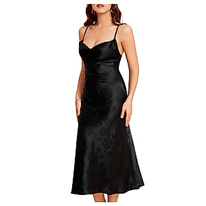 Floerns Women's Spaghetti Strap Cowl Neck Long Slip Satin Silk Midi Dress Black Floral M