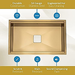 STRICTLY SINKS 32” Gold Work Station Kitchen Sink Undermount Accessory Shelf Single Bowl Square Drain Stainless Steel 90 Degree Radius 16 Gauge–With Single Square Disposal Adapter