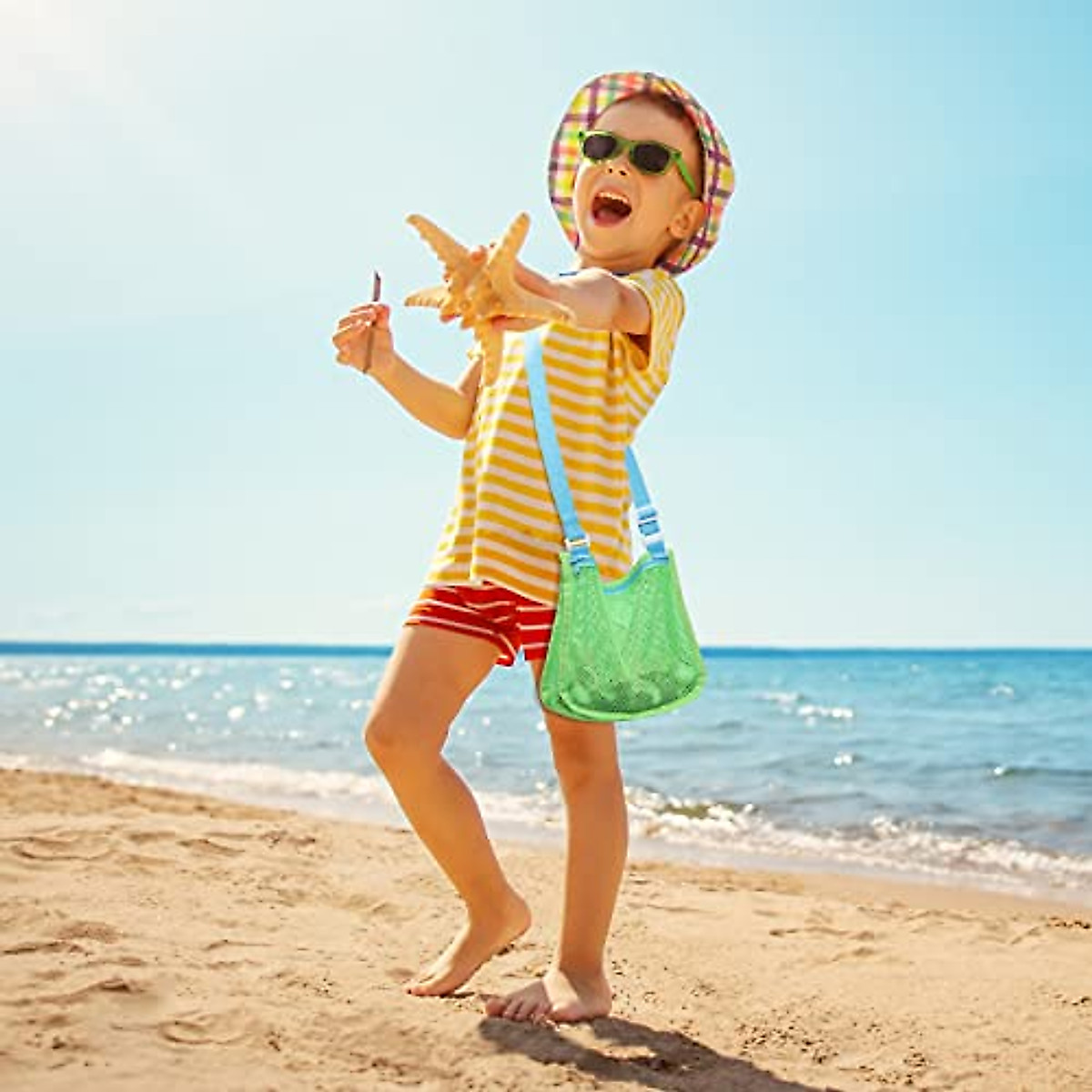 F-color Beach Toy Kids Beach Bag Shell Collecting Bag, Mesh Beach Bag Seashell Bag Net Bag for Sea Sand Pool Swim Beach Shell Accessories Beach Gifts for Kids Girls Boys, 3 Packs (Green, Blue, Pink)