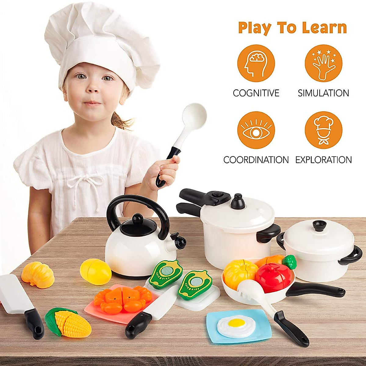 D-FantiX Kids Pretend Play Kitchen Accessories Set, Toddlers Pots and Pans Cookware Playset, Kids Cooking Toys with Utensils, Knife, Cutting Food Kitchen Playset for Girls and Boys Age 2 3 4 5 6 7