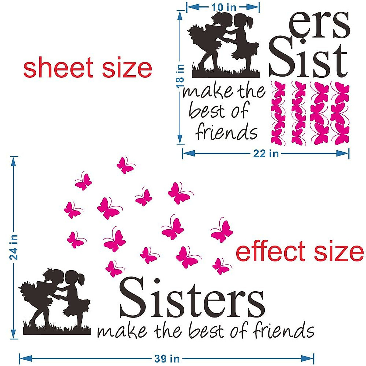 ANFRJJI Sisters Make The Best Friends Wall Decal with Butterfly Art for Girls Room - Removable PVC Vinyl Sticker - Effect 39x24 inch - Sisterhood Quote JWH174 (Black+Blush Butterfly)
