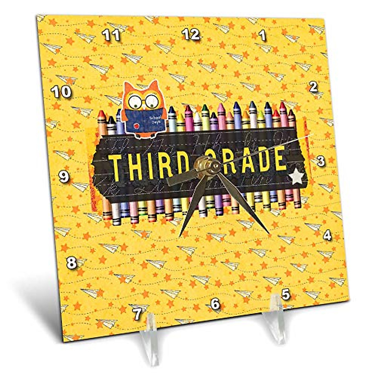 3dRose Desk Clock - Image of Third Grade, Blackboard, Crayon Banner, Paper Airplane, Star School Days