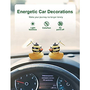 Duck Toy Car Decorations, Rubber Duck Car Ornaments for Dashboard, Yellow Duck Bike Bell with Propeller Helmet & Horn Light for Kids, Adults, Men, Women (Bee)