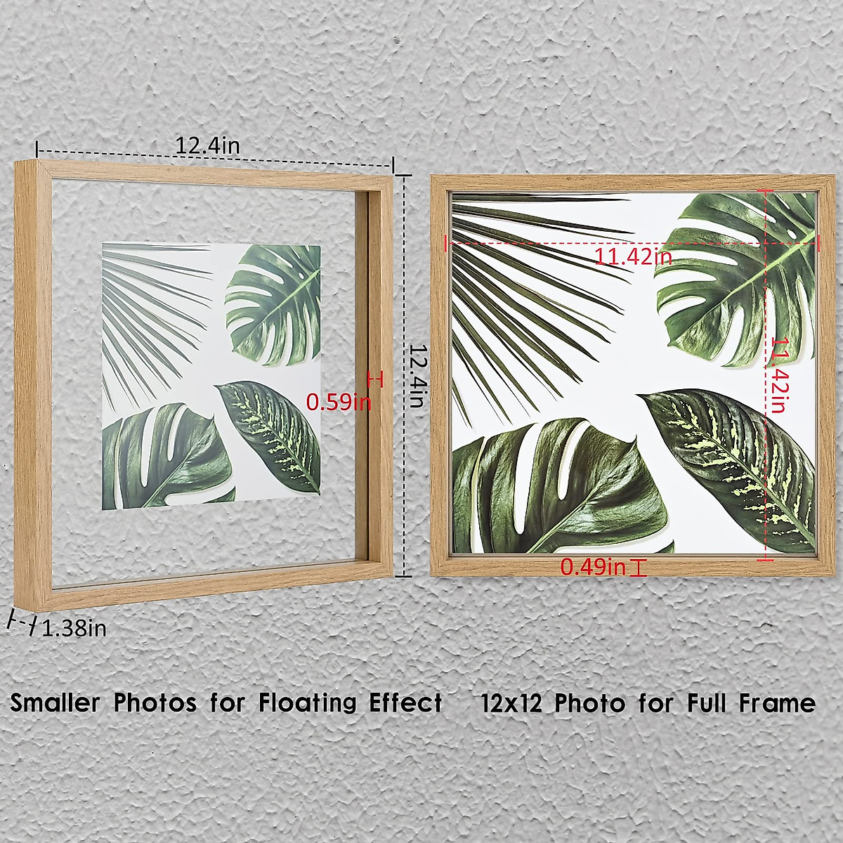 MUYE 12x12 Floating Frame Set of 2,Double Glass Rustic Square Photo Frame,Display Any Size Photo up to 12x12,Wall Mount or Tabletop Standing Natural