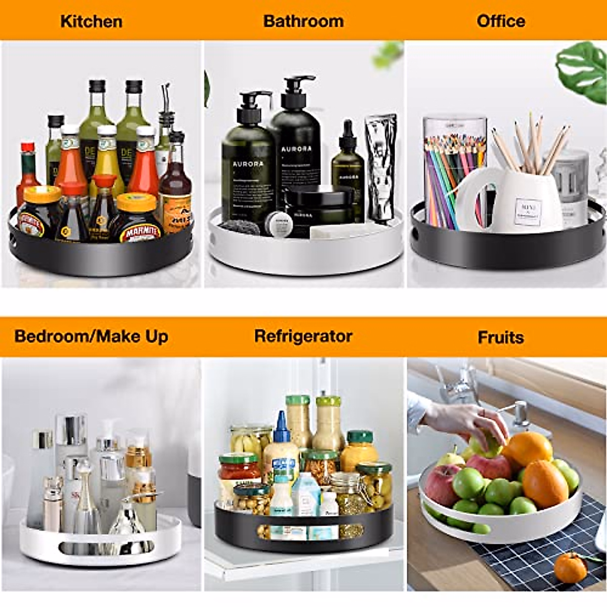 Lazy Susan Turntable Organizer - 12" Ultra Sturdy Metal Condiment Organizers for Table Cabinet Pantry Kitchen Refrigerator, Black, Pack of 3