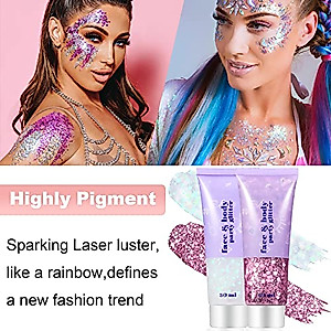 Go Ho Pink Body Glitter Gel and 2 PCS Hot Pink Heart Earrings for Women,Sparkle Pink Holographic Chunky Sequins Glitter Gel with Pink Heart Earrings for Singer Concerts Face Body Glitter Makeup