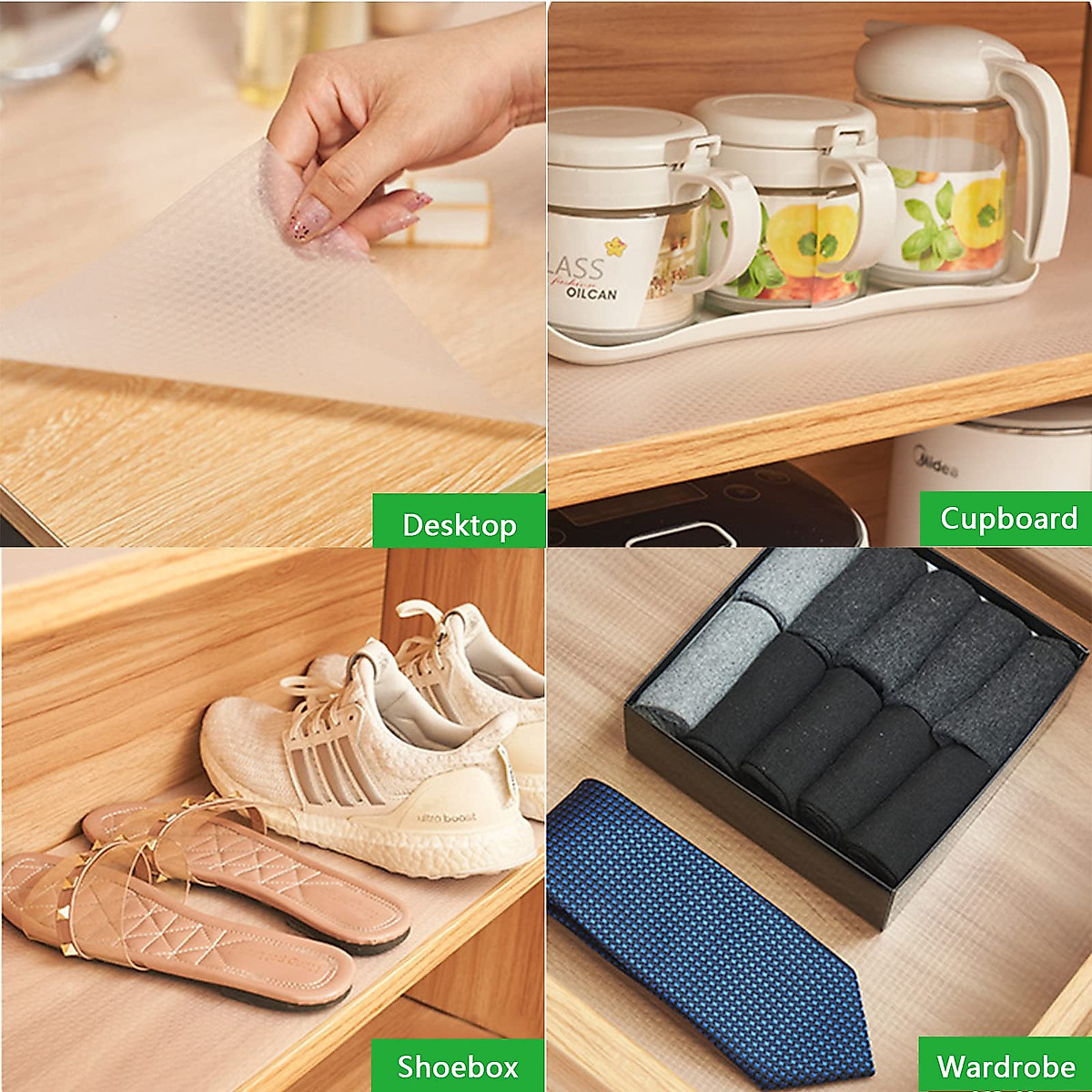 4 Rolls Non Adhesive Shelf Liners for Kitchen Cabinets, Waterproof Drawer Liners for Kitchen, Non-Slip Cabinet Liner for Kitchen Cabinet, Shelves, Desks, 17.7 Inch X 5 FT