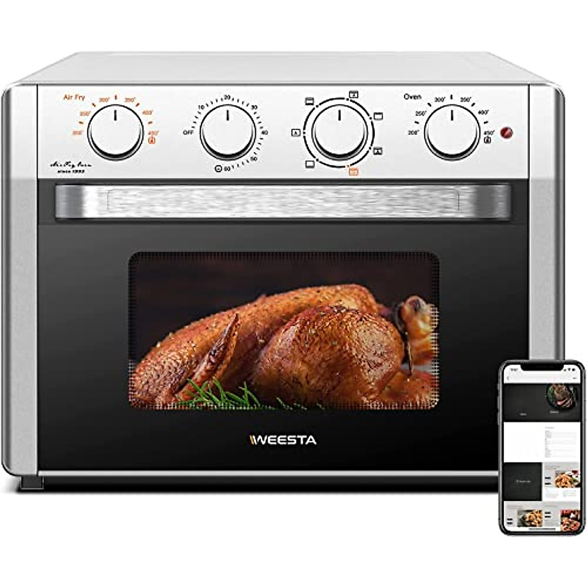 WEESTA Large Air Fryer Toaster Oven, 24 QT, 7-in-1 Convection Oven with Roast, Bake, Broil, 4 Accessories and E-Recipes, 450°F, 1500W, Silver