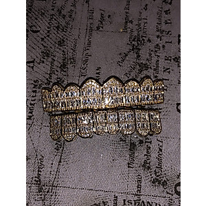 14k Iced Baguette Set 8 Teeth Joker Gold Grillz for Mouth Top Bottom Hip Hop Teeth Grills for Teeth Mouth Grillz for Mouth Top Bottom (Gold)