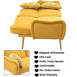 65" Velvet Futon Sofa Bed with 2 Pillows, Modern Accent Sofa Comfy Upholstered Sofa Loveseat Sleeper Bed Couch 2 Seater Folding Sofa for Small Space (Mustard)