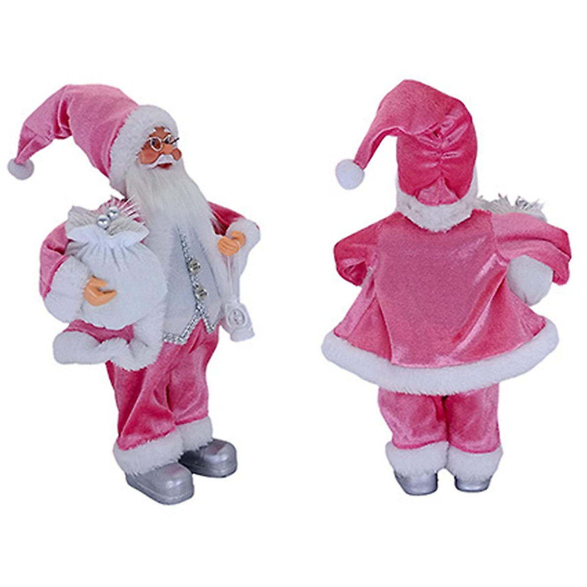 Bluelans 12" Santa Claus Figure, Standing Traditional Christmas Figurine Figure Decor with Christmas Sock and Gifts Bag for Holiday Party Home Decor, Christmas Decorations Pink