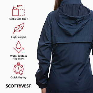 SCOTTeVEST Pack Windbreaker Jacket for Women - 19 Hidden Pockets - Lightweight Water Repellent Coat for Travel & More (Red, M1)