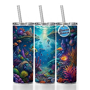 Psychedelic Underwater Ocean Scene Skinny Tumbler 20oz with Straw Insulated Water Bottle Gift