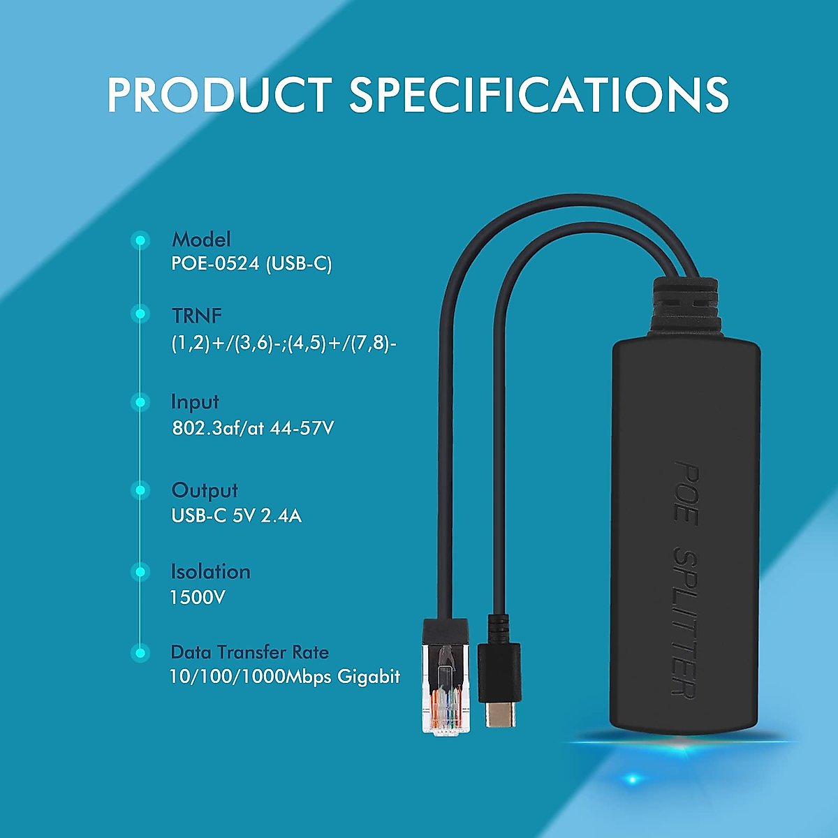 Gigabit PoE USB C Splitter 48V to 5V 2.4A, IEEE 802.3af/at 10/100/1000Mbps Active PoE Power Over Ethernet USB C Splitter Adapter for Security IP Cameras, iPads, Raspberry Pi4, Dropcam